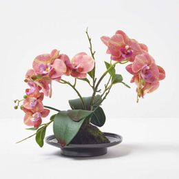 Homescapes Künstliche pfirsichfarbene Phalaenopsis-Orchidee im schwarzen Keramik-Topf, 32 cm