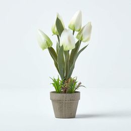 Homescapes - Kunstblumen Tulpen in Zellstoff Topf 27 cm hoch, weiß - Weiß