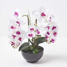 Homescapes - Künstliche weiß-pinke Phalaenopsis-Orchidee im schwarzen Keramik-Topf, 56 cm - Weiß
