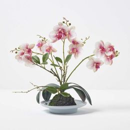 Künstliche pink-weiße Phalaenopsis-Orchidee im hellgrauen Keramik-Topf, 38 cm - Rosa-Weiß - Homescapes