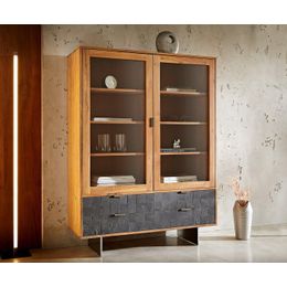 DeLife Vitrine Teele Akazie Natur Schiefer 115x150 cm 2 Türen 4 Schubfächer Fuß