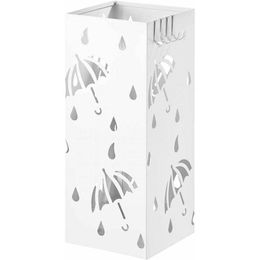 Regenschirmständer aus Eisen, L20 x B20 x H49cm, Schirmständer mit Wasserauffangschale, 4 Haken für Taschenschirme, Weiß Rechteck - weiß - WOLTU