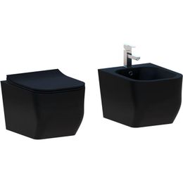 Giorgy - Paar hängende Sanitärkeramiken ohne Rand Rimless der Serie New Edge in mattem Schwarz, inklusive Soft-Close-Toilettendeckel
