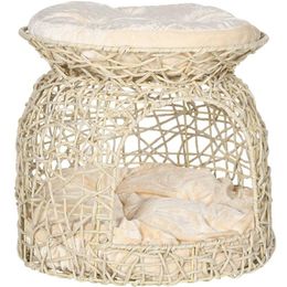 Katzenhaus aus PE-Rattan, 2 Etagen, Katzenhöhle mit Kissen, 42 cm x 42 cm x 40 cm, Beige - Beige - PawHut