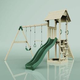 Rebo Spielturm mit Wellenrutsche und Kinder-Schaukel Outdoor Klettergerüst Garten Kletterseil und Kletterleiter, Ausführung: Trapezstange, Farbe: