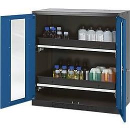 Chemikalienschrank ASECOS CS-CLASSIC-G, Flügeltür m. Glasauschnitt, 2 Auszugswannen, 1055x520x1105 mm, enzianblau