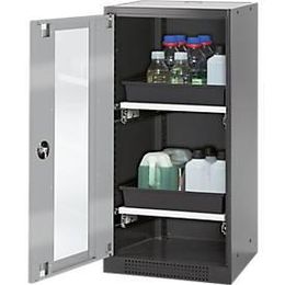 Chemikalienschrank ASECOS CS-CLASSIC-G, Flügeltür und Glasausschnitt, 2 Auszüge, H 1105 mm, silber