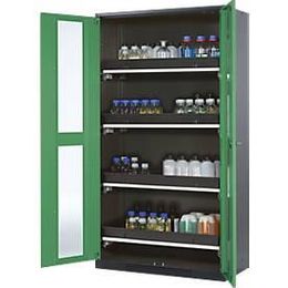 Chemikalienschrank ASECOS CS-CLASSIC-G, Flügeltür m. Glasauschnitt, 4 Auszugswannen, 1055x520x1950 mm, resedagrün