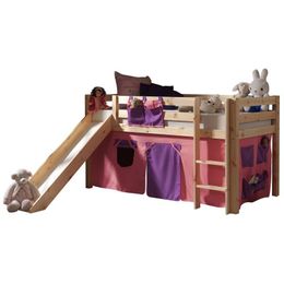 Lomadox Kinderzimmer Spielbett PINOO-12 mit Textil Set Bella incl. Rutsche in Kiefer massiv natur lackiert, B/H/T: ca. 210/114/218 cm - braun