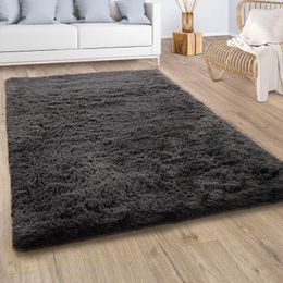 Hochflor Teppich Wohnzimmer Fellteppich Kunstfell Flauschig Rutschfest Anthrazit 200 cm Rund - Paco Home