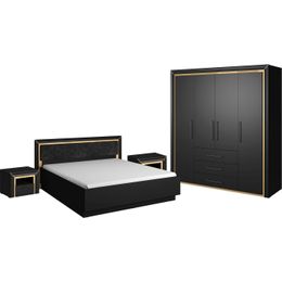 LEONIQUE Schlafzimmer-Set Arno, (4-St), mit silber-oder goldfarbener Spiegelfolie, schwarz