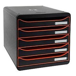 Exacompta Schubladenbox mit 5 Schubladen Big Box Plus Kunststoff Schwarz, Mandarine 27,8 x 34,7 x 27,1 cm