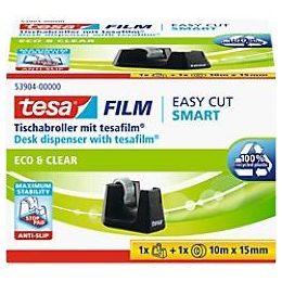 Tesa Klebebandabroller Tesafilm Easy Cut SMART Schwarz 15 mm (B) x 10 m (L) Kunststoff Recycelt 100% + 1 Rolle Tesa Klebefilm Eco & Clear
