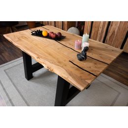 Baumkantentisch Akazie natur mit schwarzen Resin-Adern 120 x 80 A-Gestell schwarz POLLY