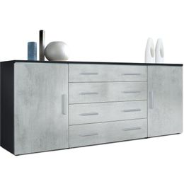 Sideboard Kommode Highboard Anrichte Faro V2 Schwarz matt - Hochglanz - Front in Beton Oxid Optik - Front in Beton Oxid Optik - Vladon