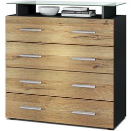 Vladon - Kommode Schrank Anrichte Sideboard Pavos V2 in Schwarz - Hochglanz & Naturtöne - Eiche Natur - Eiche Natur