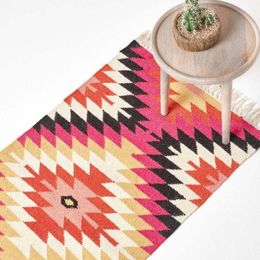 Handgewebter Kelim-Teppich Jakarta aus Wolle und Baumwolle, bunt, 66 x 200 cm - Pink, Orange, Gelb, Weiß, Schwarz - Homescapes