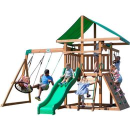 Grayson Peak Spielturm aus Holz xxl Spielhaus für Kinder mit Rutsche, Schaukel, Kletterwand & Nestschaukel Stelzenhaus für den Garten - Braun