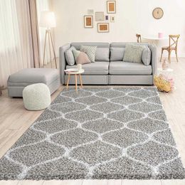 Hochflor Teppich Muster Shaggy Marokkanisch Rauten Deko Wohnzimmer Grau Creme weich Robust Ethno,160x220 cm