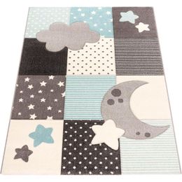 Paco Home Kinderteppich »Cosmo 755« rechteckig 18 mm Höhe 3D-Design, Patchwork Muster, Motiv Sterne, Wolken & Punkte, Pastell blau Obermaterial:...