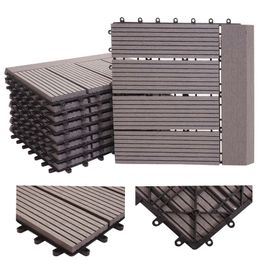 MCW WPC Bodenfliese Sarthe + Abschluss, Holzoptik Balkon/Terrasse, 11x je 30x30cm = 1qm Premium ~ grau linear waagrecht