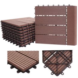 MCW WPC Bodenfliese Sarthe + Abschluss, Holzoptik Balkon/Terrasse, 11x je 30x30cm = 1qm Premium ~ coffee linear waagrecht