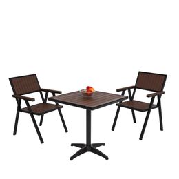 2er-Set Gartenstuhl+Gartentisch MCW-J95, Stuhl Tisch, Gastro Outdoor-Beschichtung, Alu Holzoptik ~ schwarz, dunkelbraun