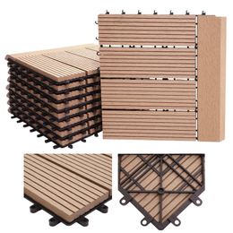 MCW WPC Bodenfliese Sarthe + Abschluss, Holzoptik Balkon/Terrasse, 11x je 30x30cm = 1qm Premium ~ teak linear waagrecht