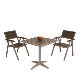 2er-Set Gartenstuhl+Gartentisch MCW-J95, Stuhl Tisch, Gastro Outdoor-Beschichtung, Alu Holzoptik ~ champagner, grau