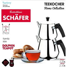 Schäfer Teekanne Edelstahl Caydanlik Teekocher Rostfrei Wasser/Tee-Kessel Wasserkessel 2,10L, Teekessel 1.25L Griff Schwarz - Schäfer