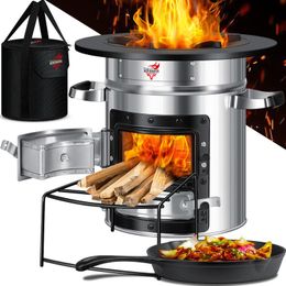 Kesser Raketenofen Inkl. Grillpfanne aus Gusseisen mit Tragetasche Dutch Oven bbq Rakete Holzofen Camping Campingkocher Campinggrill Edelstahl Silber