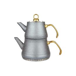 Schäfer Teekanne Caydanlik Teekessel und Wasserkessel Außenbeschichtung in Granitoptik Silber mit Goldgriff