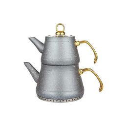 Schäfer Teekanne Caydanlik Teekessel und Wasserkessel Außenbeschichtung in Granitoptik Schwarz mit Silbergriff