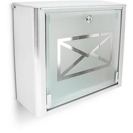 Relaxdays - Briefkasten mit Motiv-Glastür, Postkasten Edelstahl, Abschließbar, hbt: ca. 30,5 x 35,5 x 14 cm, silber / grau