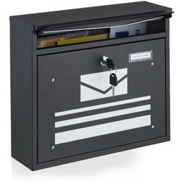 Briefkasten, Briefmotiv, abschließbare Postbox, HxBxT: 31 x 36 x 11 cm, pulverbeschichteter Stahl, schwarz - Relaxdays