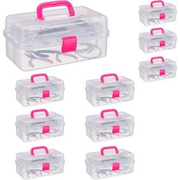 Relaxdays 10 x Transparente Plastikbox, 9 Fächer für Kleinteile, flexibel, Klickverschluss, Griff, HxBxT: 14 x 33 x 19 cm, pink