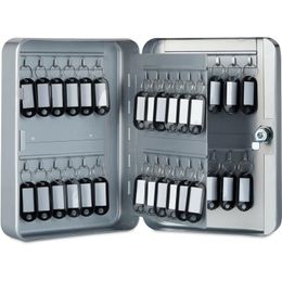 Schlüsselkasten Metall, abschließbar, 48 Haken, Schlüsselschrank inkl. Schlüsselanhänger, 25x18x7,5cm, grau - Relaxdays