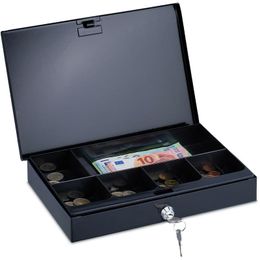Geldkassette, abschließbar, Stahl, 2 Schlüssel, Kleingeld & Scheine, HxBxT: 4,5 x 30 x 20,5 cm, Kassa, schwarz - Relaxdays