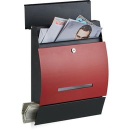 Design Briefkasten mit Zeitungsfach, Pulverbeschichtet, HxBxT: 45 x 35 x 11 cm, Wandbriefkasten, schwarz-rot - Relaxdays