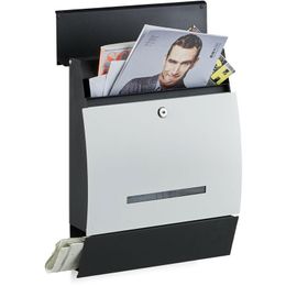Design Briefkasten mit Zeitungsfach, Pulverbeschichtet, HxBxT: 45 x 35 x 11 cm, Wandbriefkasten, schwarz-weiß - Relaxdays