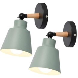 2er Wandleuchte Holz, Moderne Wandlampe Innen mit Metall Lampenschirm, Wandstrahler Art Licht Decor für Wohnzimmer Schlafzimmer (Grün)