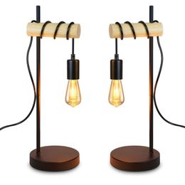 Tischlampe holz Vintage Schwarz Nachttischlampe - 2x E27 Retro Tischleuchte Industrial aus Stahl und Holz Stehlampe Klein mit Schalter Landhaus