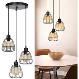 Pendelleuchte Vintage Schwarz E27 Pendellampe - Retro Rattan Hängelampe 3 Flammige Wohnzimmerlampe 135cm Höhenverstellbar Metall Natur Bambus