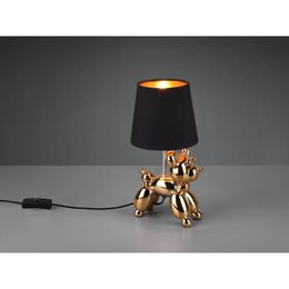 meineWunschleuchte - Coole led Tischleuchte Keramik Hund Gold mit Stoffschirm in Schwarz Höhe 33cm