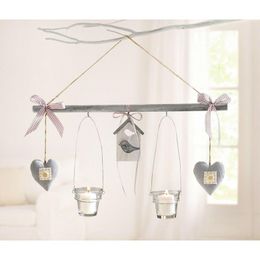 Dekoleidenschaft - Deko-Hänger grau aus Holz, 2 Glas-Windlichter & 2 Herzen, Teelichthalter