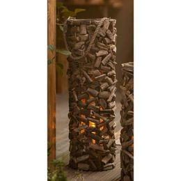Dekoleidenschaft - Windlichtsäule Treibholz aus Holz & Glas 79 cm hoch, Bodenwindlicht, Dekosäule mit Kerzenglas, Holzsäule, Kerzensäule