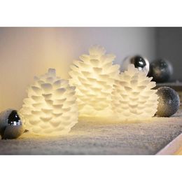 Dekoleidenschaft - 3x LED-Zapfen White aus weißem Wachs, flammenlos flackernd, Wachskerze, Winterdekoration