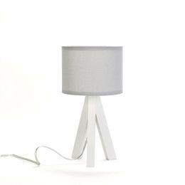 Licht-Erlebnisse Tischleuchte Dreibein Weiß Grau Stoff Holz E14 Schlafzimmer Nachttisch - Weiß, helles Grau