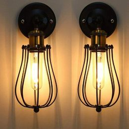 Wandleuchte Metall, Vintage Wandlampe mit Draht Käfig, Wandstrahler im IndustirAlles Stil Edison E27 Fassung Schwarz 2PCS