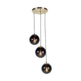 Qazqa - Art Deco Hängelampe Messing mit schwarzem Glas 3-Lichter - Pallon - Schwarz